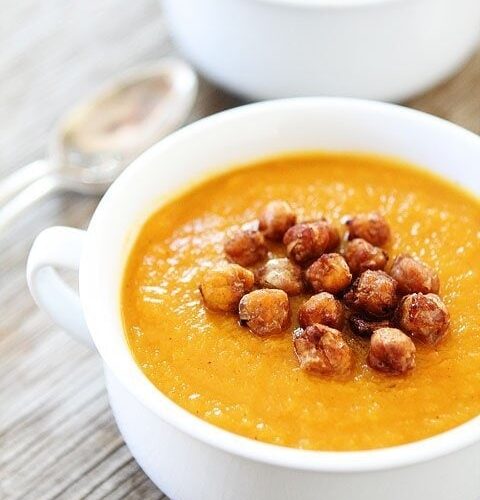 Slow Cooker Butternut Squash Soup with Maple Roasted Chickpeas