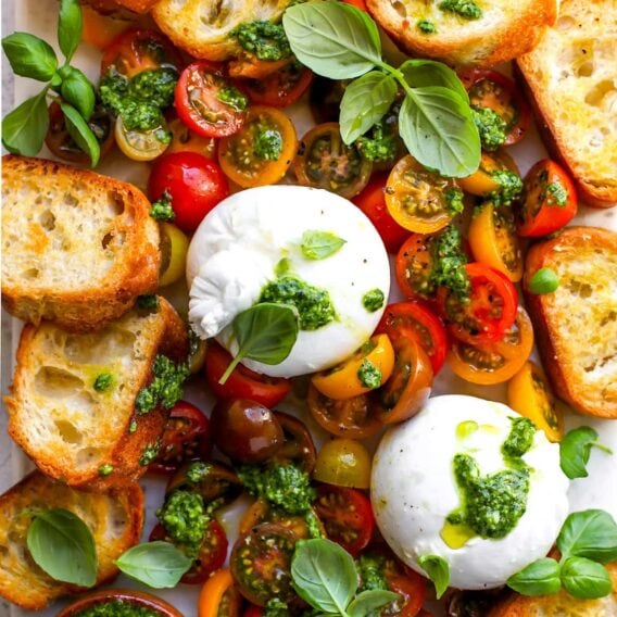 Burrata with Tomatoes & Pesto {Simple Appetizer} - Two Peas & Their Pod