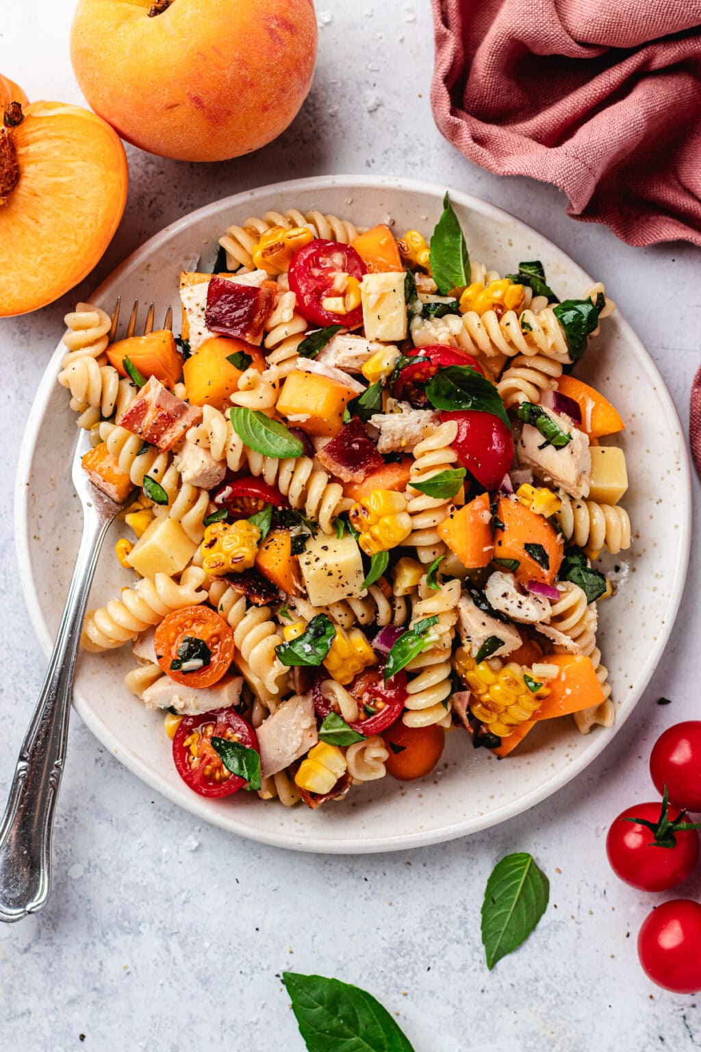 Chicken, Bacon, & Peach Pasta Salad with Hot Honey Dressing