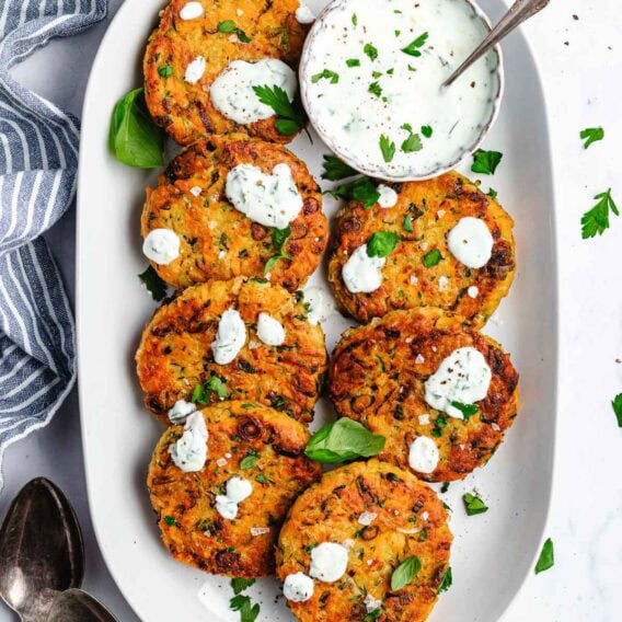 Crispy Chickpea Fritters (Lemon Yogurt Sauce) - Two Peas & Their Pod