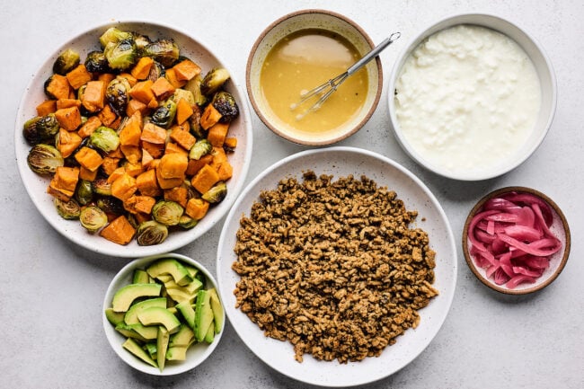 Ground Turkey Bowl with Fall Veggies and Maple Dijon Sauce