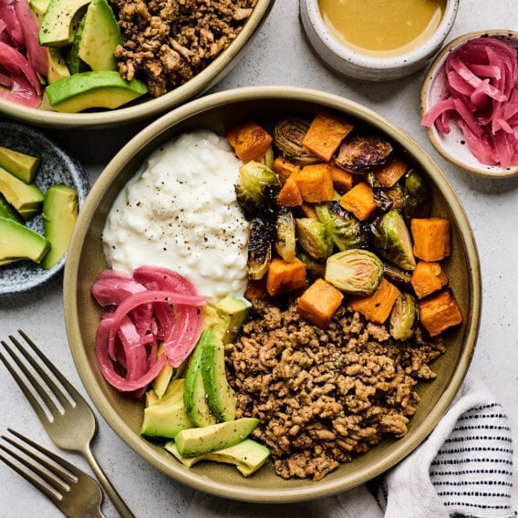 Ground Turkey Bowl with Fall Veggies and Maple Dijon Sauce